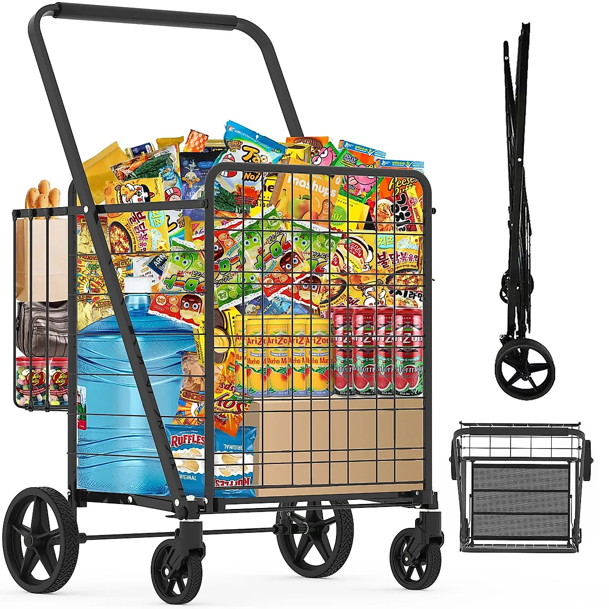 Jumbo Shopping Cart for Groceries, 30.7 Gallons Folding Grocery Cart with Waterproof Bag, 360° Swivel Wheels & Double Basket, Portable Heavy Duty Utility Cart for Shopping/Laundry-Hold Up to 440 LBS