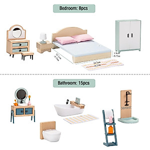 Giant bean 24 PCS Wooden Plastic Dollhouse Furniture Set, Bathroom and Bedroom Set, Wood Dollhouse Accessories Pretend Play Furniture Toys for Boys Girls & Toddlers