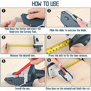 Gypsum Board Cutting Tool Multifunctional Woodworking Panel Cutter with Tape Measure kt Board Cutting Tool Kit Includes 1 Gypsum Board Cutter, 1 Pencil and 5 Blades