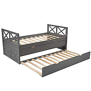 GLORHOME Twin Platform Bed,Multifunctional Wood Storage DayBed Sofa Bed Frame with Trundle and Two Drawers for Living Room Bedroom, Grey