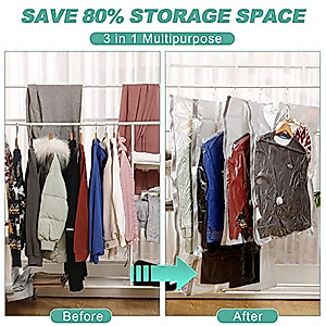 12 Pieces Hanging Vacuum Storage Bags with 2 Hand Pumps Vacuum Seal Garment Storage Bags Reusable Compression Bags for Clothes Storage and Closet Organizer, 3 Sizes S M L