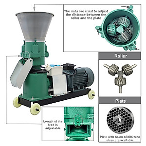 TECHTONGDA Animal Pellet Feed Mill Machine 12MM Holes Pellet Fodder Press Pelletizer with 3 Head Rollers for Farm Animal 4.5KW 180-200KG/H 220V
