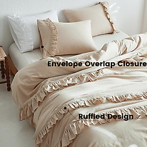 Simple&Opulence Ruffled Linen Duvet Cover Set 3Pcs with Vintage Shabby Chic Multiple Frills (1 Comforter Cover & 2 Pillowcases) Natural Flax Cotton Blended Luxury Bedding - Linen, Queen Size