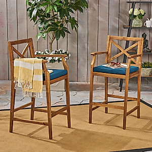 Christopher Knight Home Logan Outdoor Acacia Wood Barstool, Teak Finish/Blue