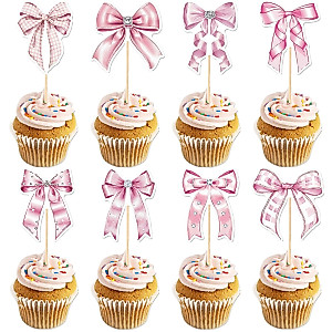 SAMOKA Pink Bow Cupcake Toppers,24 PCS Bow Birthday Cake Topper,Girls Birthday Party Decorations,Bowknot Cupcake Decorations for Bridal Baby Shower Birthday Wedding Themed Party