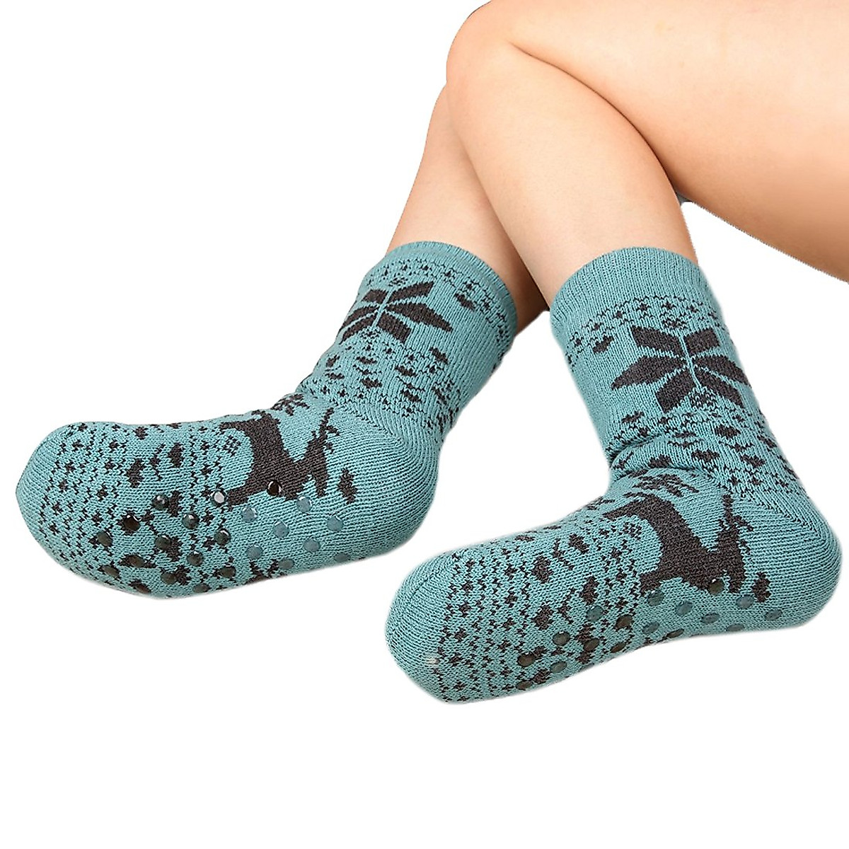 FRALOSHA Fuzzy Warm Slipper Socks Women Winter floor Socks Super Soft lined with Grippers reading Socks Cozy Sleeping Reindeer Socks (Green)