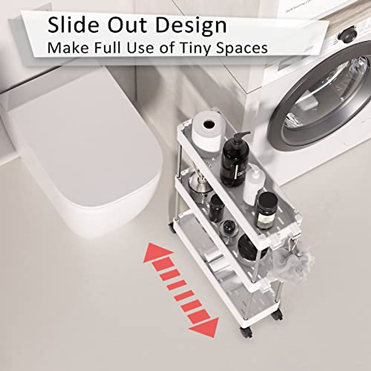 NOTHEIA Slim Storage Cart 3-Tier, Bathroom Organization Slide Out Cart, Laundry Organization and Storage Utility Cart, Snack Cart with Wheels Thin Space Solutions, White