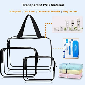 SYIDINZN Cosmetic Bag 3 Pack Clear Travel Toiletry Bag Set with Zipper Make-up Pouch Handle Straps | Waterproof Packing Organizer Storage Diaper Pencil Bags (Black)