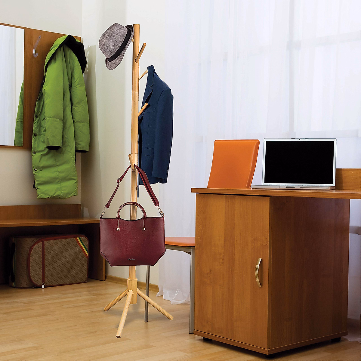 ZOBER Coat Rack Free Standing - Wooden Coat Tree W/ 6 Hooks - Coats, Purses, Hats - Adjustable Sizes, Easy Assembly - Natural