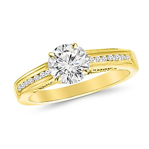 Houston Diamond District 14K Yellow Gold 2.75 Carat LAB GROWN DIAMOND Channel Set Round Cut Diamond Engagement Ring (G-H Color VS1-VS2 Clarity 2.5 Ct Center) Size 5