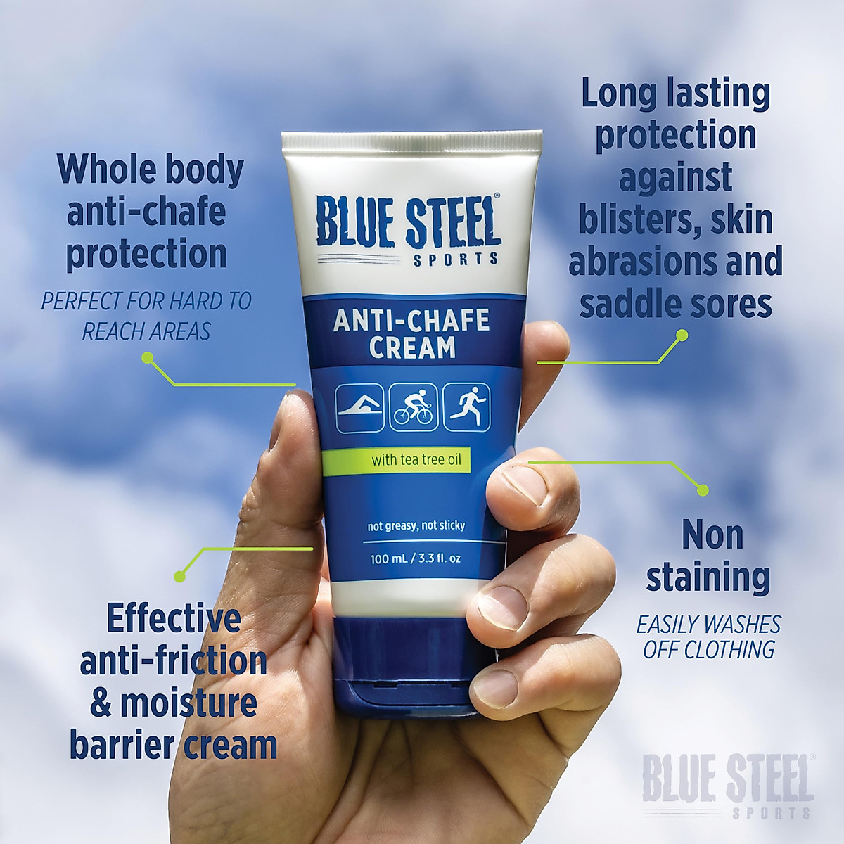 Blue Steel Sports Anti Chafe Cream | Long lasting Chafing Protection | Water & Sweat Resistant | Non Sticky & Non Greasy | Non Staining| Whole Body Protection | Gentle on Sensitive Skin
