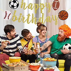 Sports Happy Birthday Banner, Glitter Sports Birthday Banner, Football, Baseball, Soccer, Basketball, Multi Sports Theme Birthday Decor (Gold)