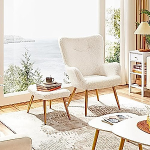 Yaheetech Accent Chair and Ottoman Set, Sherpa Armchair with Golden Metal Legs and High Back, Footstool for Living Room, Lounge, Ivory