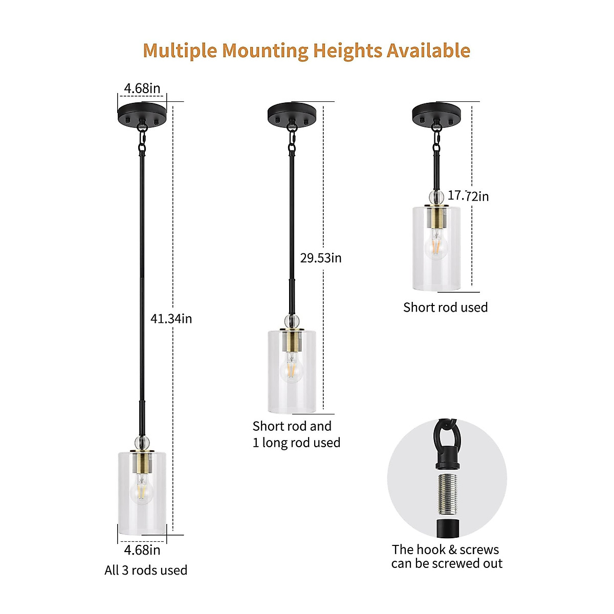 UL-Listed Glass Pendant Light with E26 LED Bulb, JACKYLED Adjustable Height Antique Brass Hanging Light, Modern Gold Pendant Light for Kitchen Island