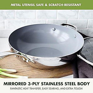 GreenPan Valencia Pro Stainless Steel 12” Wok with Lid, Induction Mirrored Tri-Ply, Ceramic Nonstick PFAS-Free PFOA- Free Coating, Multi Clad Pan, Induction, Dishwasher Safe, Oven & Broiler Safe