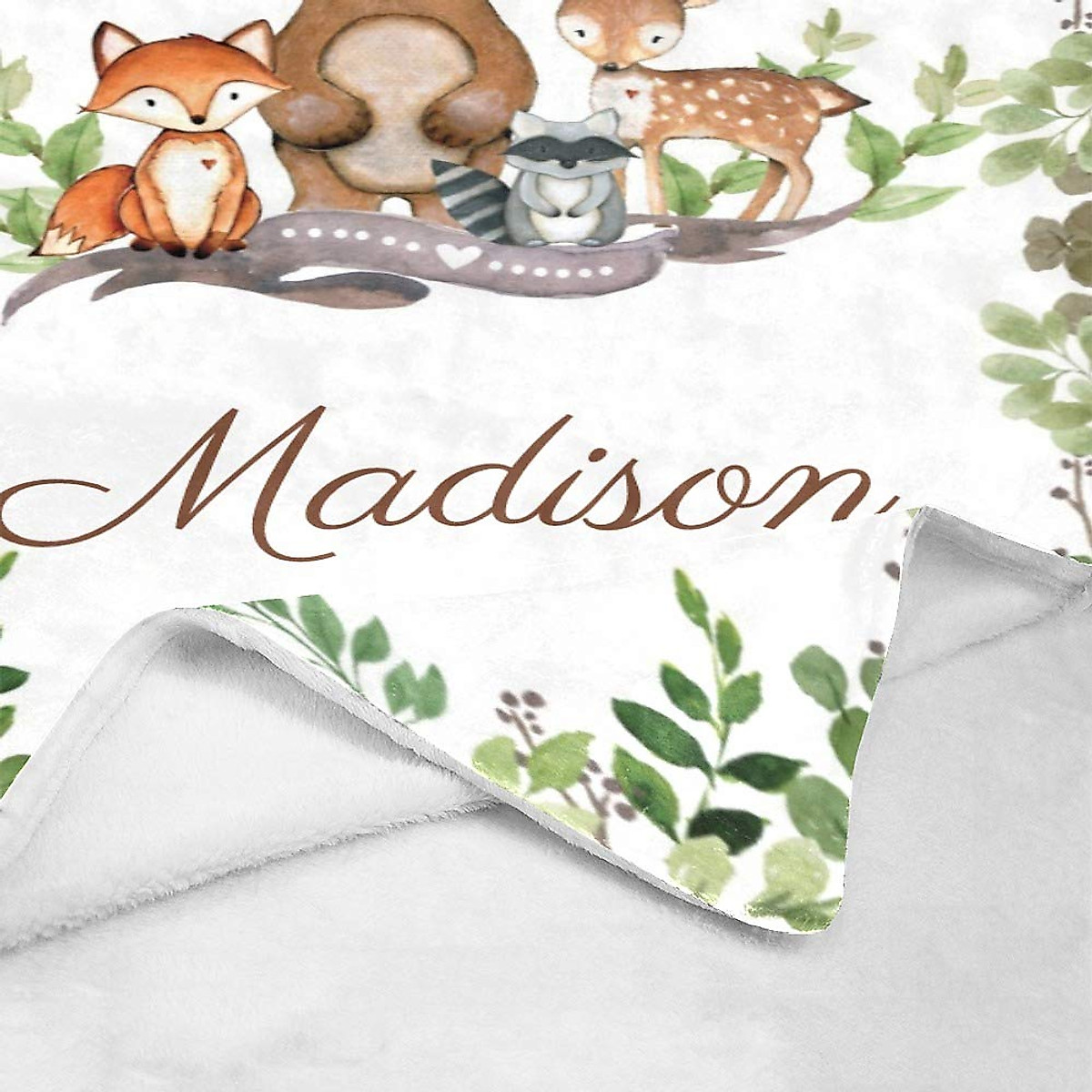 Yeshop, Woodland Forest Animals Personalized Receiving Baby Blankets for Girls Boys with Name,Customized Swaddle Blankets Gift for Newborn Crib Infants 30x40 Inches