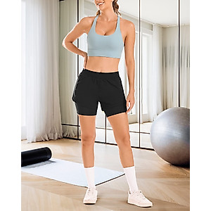 Stelle Women 2 in 1 Running Shorts High Waisted Athletic Shorts Gym Workout Shorts with Liner Zipper Pockets (Black, M)