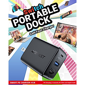 ACEFAST GaN PD65W 3 Port(USB C+USB A+4K/HD) Fast Charger Hub for Nintendo Switch, USB C 3.1 Laptops, Tablets, Foldable AC Plug Power Adapter Compatible with MacBook, Switch, HP, Acer, Samsung, ASUS