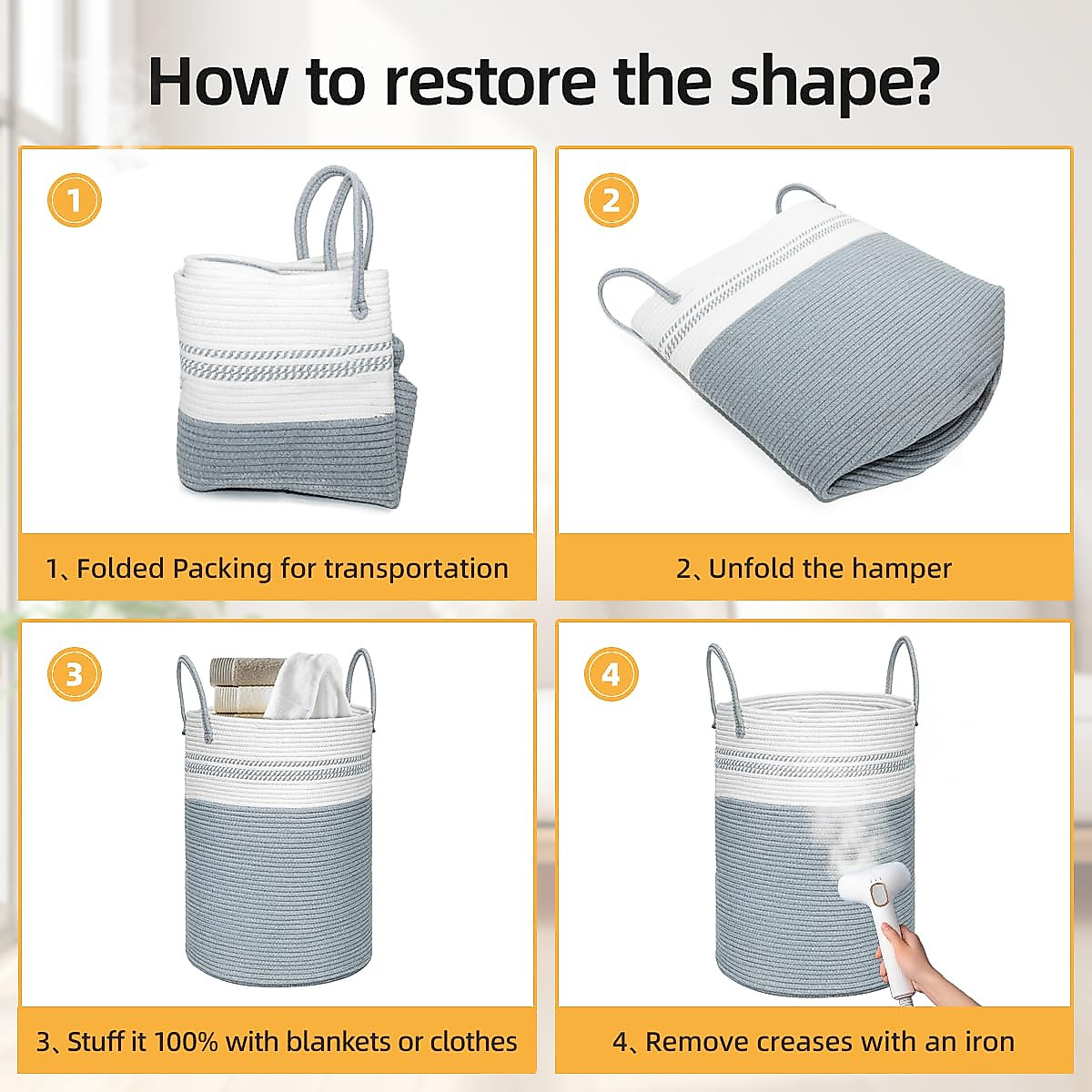 WEAVELYRICS 72L Tall Laundry Basket, Cotton Rope Laundry Hamper, Laundry Hamper with Handles, Decorative Woven Basket for Dirty Clothes, Blankets, Pillows in Bathroom, Bedroom (Gray, 16 x 22in)