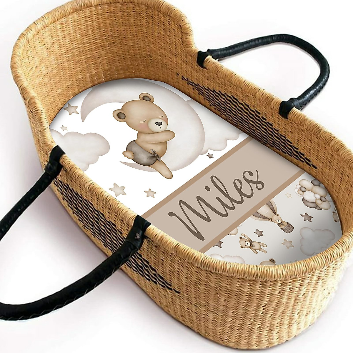 Personalized Bassinet Sheet Set 2 Pack for Baby, Custom Bassinet Mattress Sheets with Name, Universal Fitted for Various Cradle Mattress Pad, Blue & Brown Bear Bassinet Sheets for Boys (16" x 32")