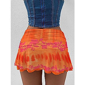 SAFRISIOR Women Ruched Ruffle Short Skirt High Waisted Stretch Pleated Tennis E-Girls 90s A-Line Mini Skirt (Medium, Floral#Orange, m)