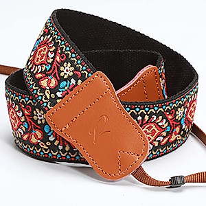 Red Vintage Embroidered Camera Strap - 2"Wide Pure Cotton Woven Camera Strap,Double Layer Cowhide Ends,Adjustable Shoulder & Neck Strap for All DSLR Cameras,Great Gift for Men & Women Photographers