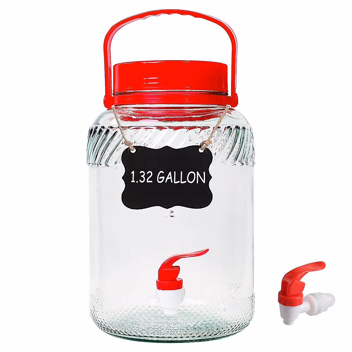1.32 Gal Wide Mouth Glass Drink Dispensers for Parties, Leakproof Spouts, Wood Sign - Sun Tea Jar for Outside. Ideal for Beverage, Lemonade, Yogurt, Kombucha, Canning, Fermenting, Picnics, Home Use