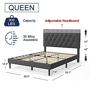 Molblly Queen Size Platform Bed Frame with Adjustable Headboard, Linen Fabric Wrap, Strong Frame and Wooden Slats Support, No Box Spring Needed, Non-Slip and Noise-Free, Easy Assembly, Dark Grey