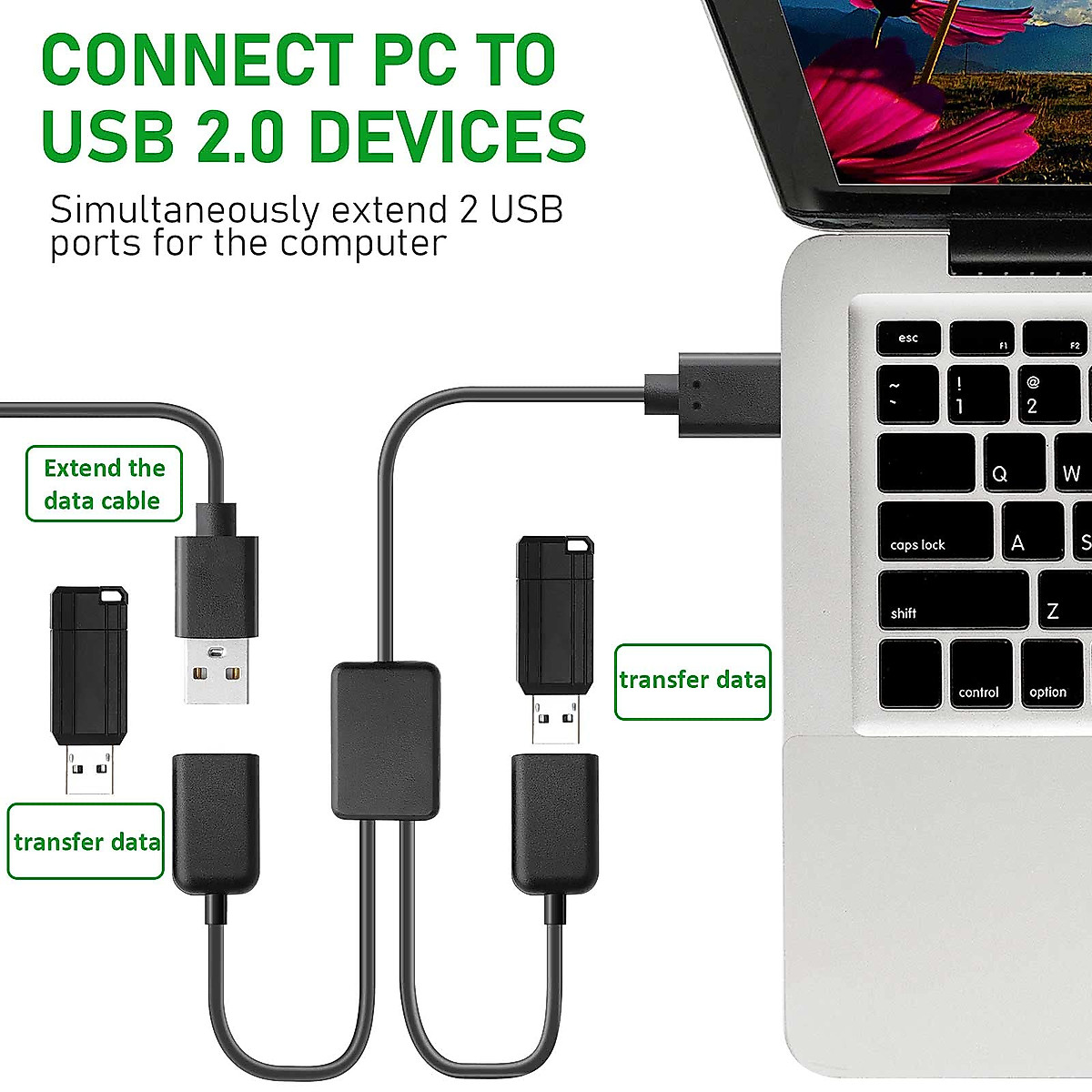 SAISN USB Y Splitter Cable 1 Male to 2 Female USB Hub 2.0 2 Ports Data Cable Power Cord Charging Extension Adapter Wire for Laptop, MacBook, Keyboards, Mice