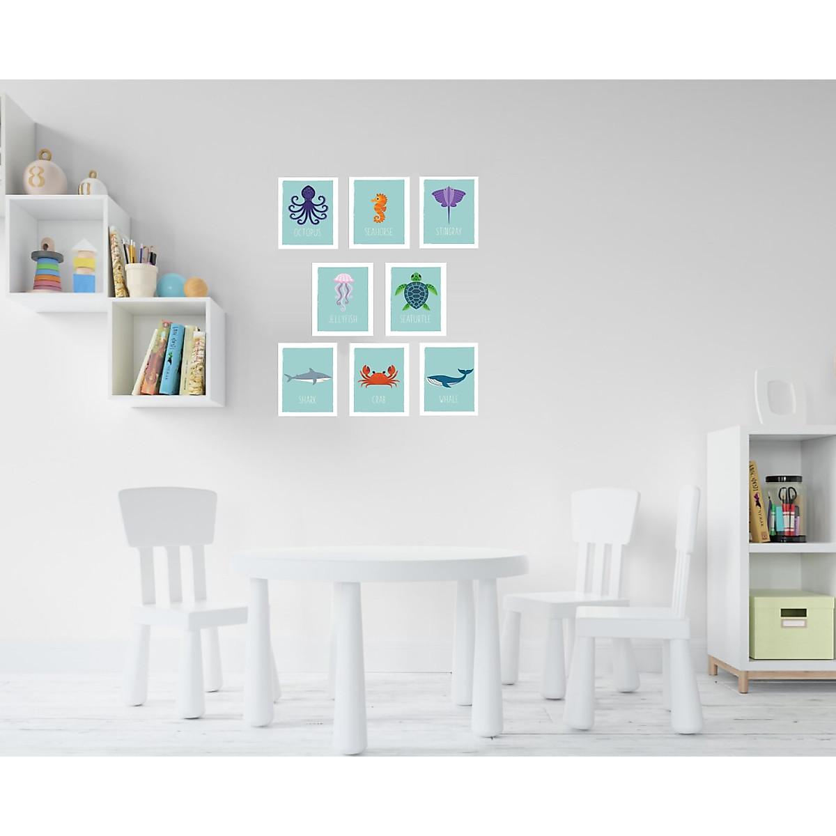 Kindred Sol Collective Ocean Animals Wall Cards, Nautical Nursery Room Decor, Kids Educational Marine Art, Toddler Gift, Set of 8 5x7 inch Prints for Classroom, Daycare and Playroom