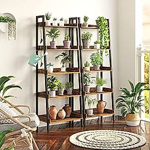 Rolanstar Bookshelf, 5 Tier Ladder Bookshelf with 3 Hooks, Industrial Bookcases, Freestanding Display Plant Shelves with Metal Frame for Living Room, Rustic Brown
