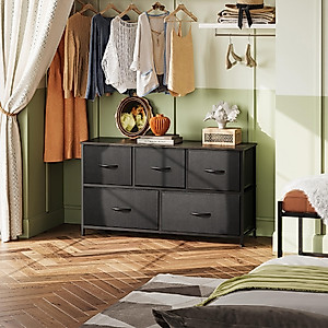 WLIVE Dresser for Bedroom with 5 Drawers, Wide Chest of Drawers, Fabric Dresser, Storage Organizer Unit with Fabric Bins for Closet, Living Room, Hallway, Charcoal Black