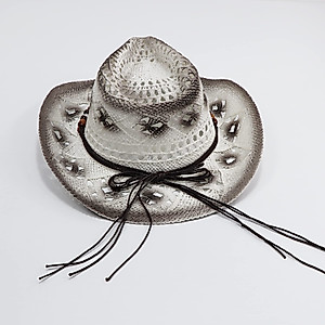 jiaoji Men & Women's Woven Straw Cowboy Cowgirl Straw Hat Cowboy Hats for Women Cowboy Hat Shapeable Brim, Beach Cowgirl (White-DimGray/Beads)