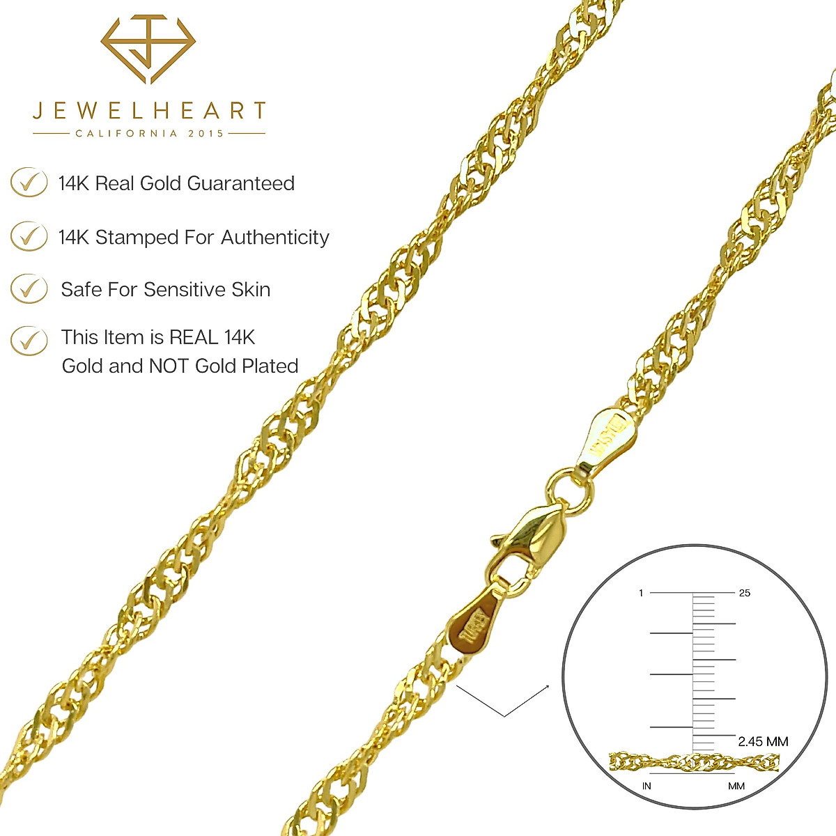 JEWELHEART 14K Real Gold Singapore Necklace - 2.45mm Diamond Cut Twisted Chain Necklace - Dainty Yellow Gold Chain For Women with Lobster Clasp 18"