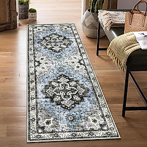 COZYLOOM Area Rug 2x6 Washable Hallway Runner Rug Non-Slip Entryway Laundry Rug Runner Non Shedding Floor Carpet Vintage Rugs for Hallway Bedroom Kitchen Bathroom, Blue/Grey
