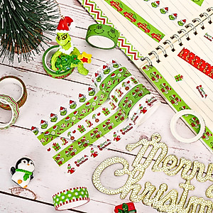 Whaline 12 Rolls Christmas Washi Tape Funny Cartoon Characters Decorative Tape Green Red Xmas Holiday Masking Tape for Christmas Scrapbook Journal Calendar DIY Craft Gift Wrapping, 16.4ft x 0.6"