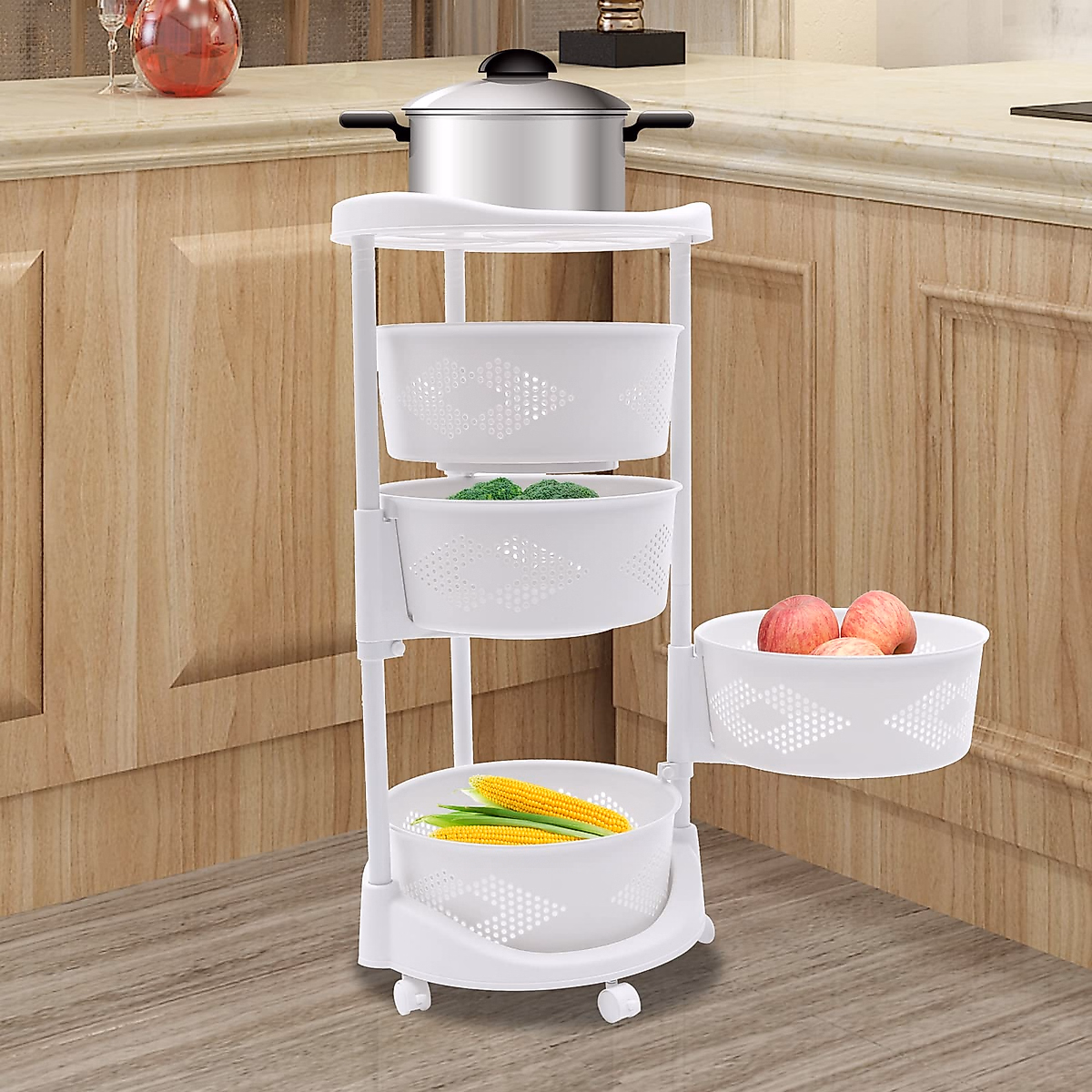 LOYALHEARTDY Rotating Storage Rack 4 Tier Round Mesh Baskets Storage Shelf Rack Adjustable Height Kitchen Storage Shelf with 5 Lockable Casters for Kitchen Bathroom Bedroom White