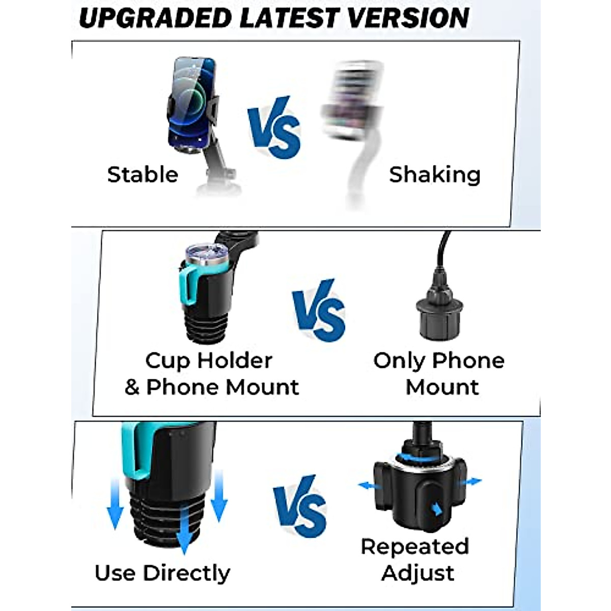 JoyTutus Car Cup Holder with Cellphone Mount, Large Cup Holder Expander Adapter Compatible with 18-40oz Hydro Flask, YETI, Nalgene Bottles & Mugs, Phone Mount for Car with 360° Rotation(1 Pack)