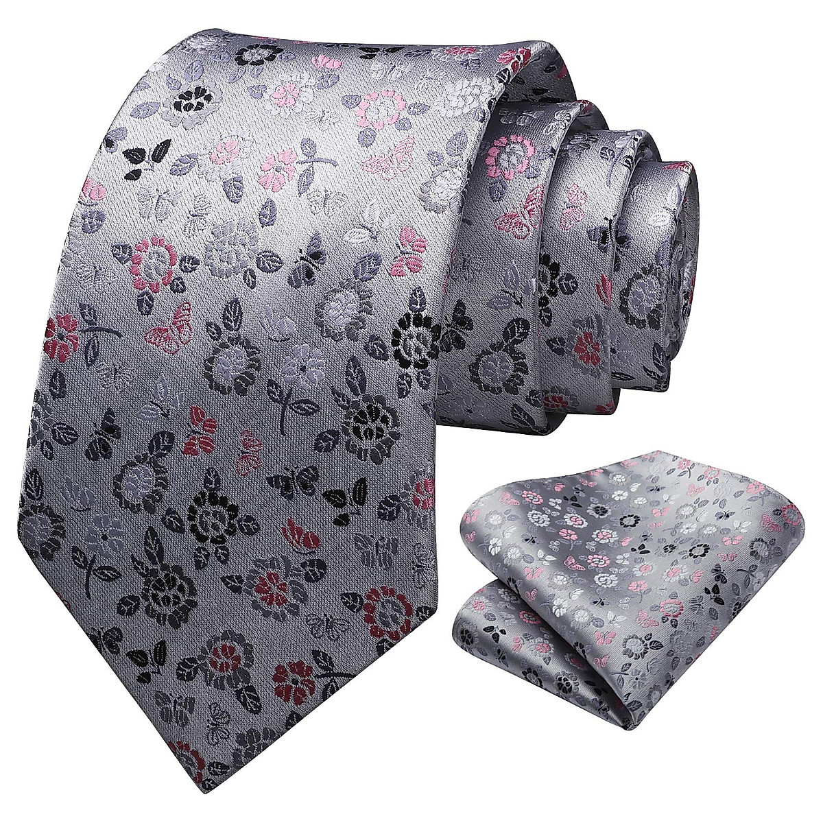 HISDERN Check Floral Dot Tie Handkerchief Wedding Party Woven Classic Men's Necktie & Pocket Square Set,Gray & Pink,One Size