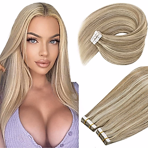 Ve Sunny Blonde Hair Tape in Extensions Human Hair Highlight Tape in Natural Hair Extensions Dark Blonde Highlight Platinum Blonde Tape on Real Human Hair Extensions Blonde 20pcs 50g 14inch