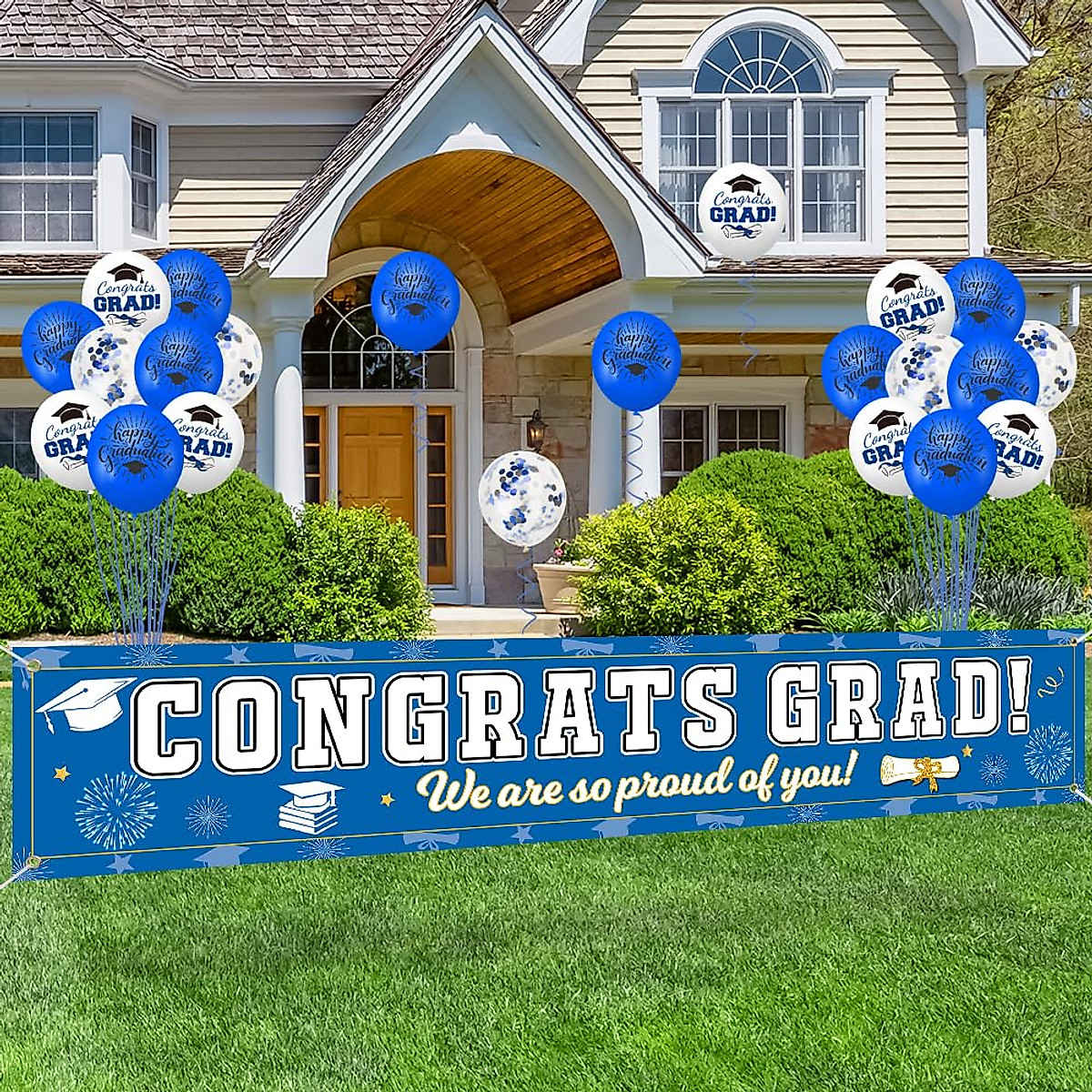 AKEROCK Graduation Decorations Class of 2024, Graduation Banner for Yard, Congrats Grad Banner for Congratulations Decorations, Includes 32 Balloons and 2 Rolls of Ribbon, Blue