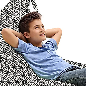 Lunarable Retro Lounger Chair Bag, Vintage Flower Mosaic Style of Geometric Squares Boho Ethnic Moroccan Pattern, High Capacity Storage with Handle Container, Lounger Size, Grey and Coconut