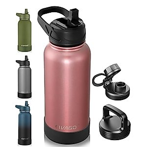 CIVAGO 32 oz Insulated Water Bottle With Straw, Stainless Steel Sports Water Flask Cup with 3 Lids (Straw, Portable Spout and Handle Lid), Double Walled Travel Thermal Canteen Mug, Rose Gold