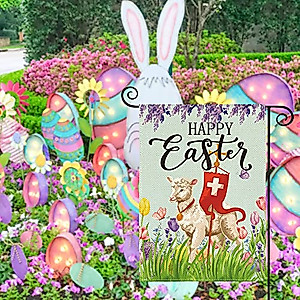 AVOIN colorlife Happy Easter Lamb of God Garden Flag 12x18 Inch Double Sided Outside, Hunt Meadow with Cross Floral Pascha Yard Outdoor Decoration