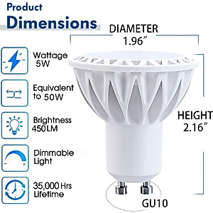 GOHDLAMP Dimmable GU10 LED Bulbs - 50W Equivalent Recessed Track Lighting - 5W 5000K Daylight White - 450LM 38° Beam Spot Light Bulbs - Ideal for Kitchen, Living Room, Bedroom - Pack of 6.