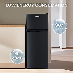 Upstreman 4.0 Cu.Ft. Small Refrigerator with Freezer, Dorm Essentials, Double Door Mini Fridge for Office, Dorm, Bedroom, Adjustable Thermostat, Large Capacity, Black-BR401