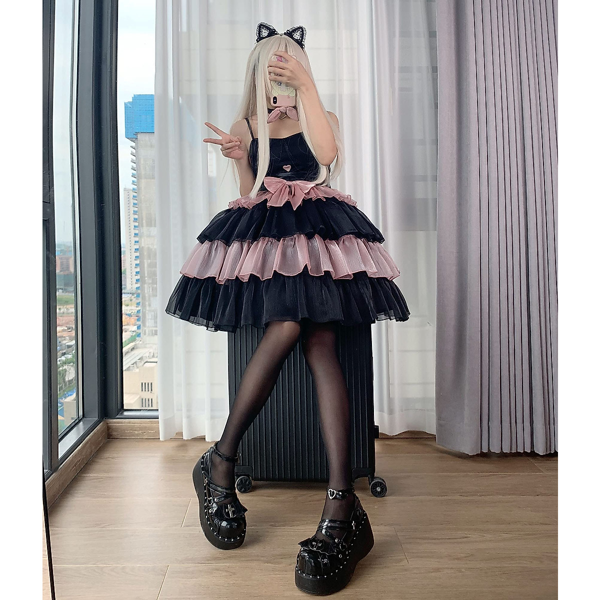 ZZEQYG Elegant Black Gothic Lolita Dress Halter Lolita Dress with Bows (S, Blackpink-JSK)
