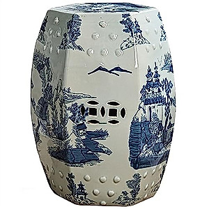 KIROJA Decorative Ceramic Garden Stool, Glazed Hollow Landscape Celadon Shoe-Changing Stool Drum Stool, Suitable for Outdoor Garden, Living Room, Terrace, Etc.