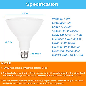 Motion Sensor Flood Light Bulb Outdoor, 15W (100-Watt Equivalent) E26 PAR38 LED Bulb with Radar Detector and Dusk to Dawn Sensor, 1500lm Motion Activated Security Light Bulbs, 3000K Warm White, 2 Pack