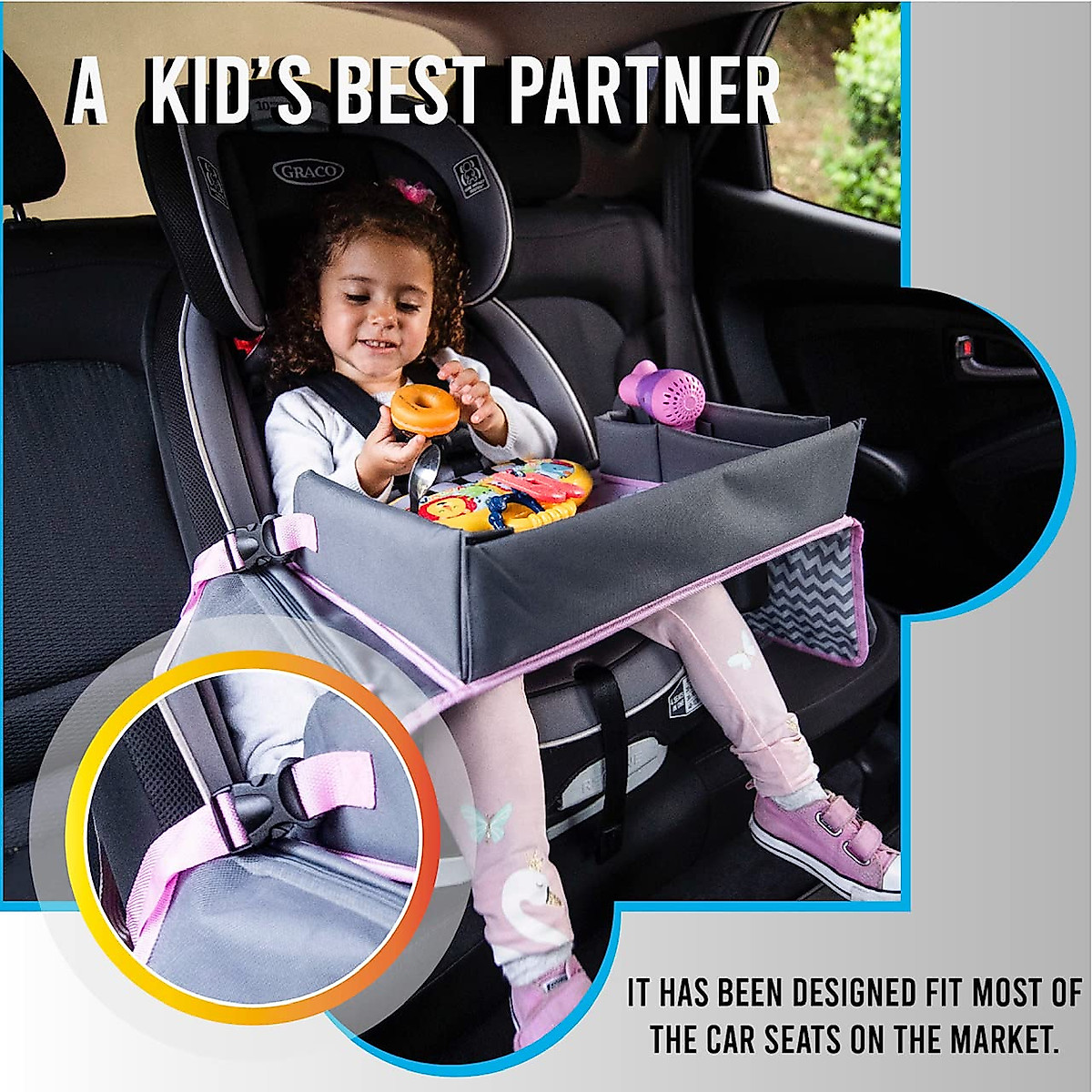 Kids Travel Tray - Car Seat Tray - Travel Lap Desk Accessory for Your Child's Rides and Flights - it's a Collapsible Organizer that Keeps Children Entertained Holding Their Toys (Pink)